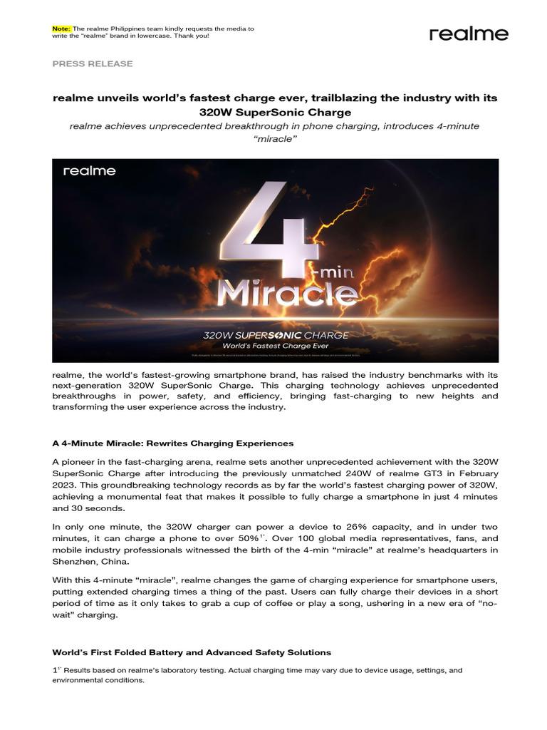 Realme Introduces 320W SuperSonic Charge PR | PDF | Smartphone | Battery Charger