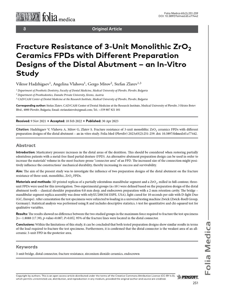 JFracture Resistance of 3-Unit Monolithic ZrO2 | PDF | Dental Anatomy ...