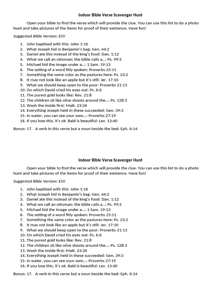 Indoor Bible Verse Scavenger Hunt | PDF | Ancient Literature ...