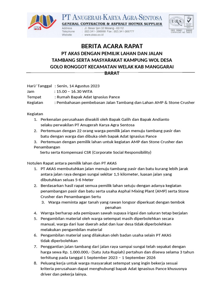 BA Rapat PT AKAS Dengan Pemilik Lahan Dan Jalan Tambang-1 | PDF