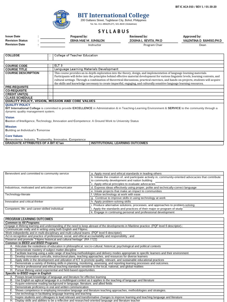 Syllabus Language Learning Materials Development | PDF | Educational ...
