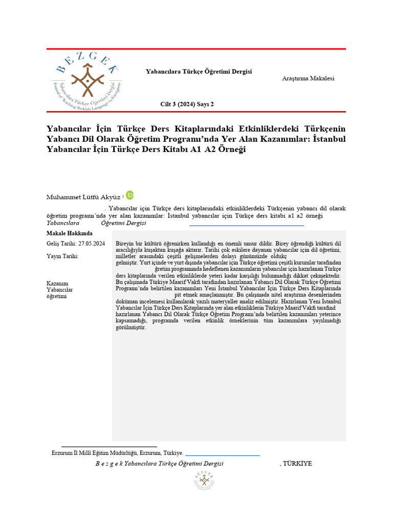 Yabanc__lar ____in T__rk__e Ders Kitaplar__ndaki Etkinliklerde T__rk__enin Yabanc__ Dil Olarak ...