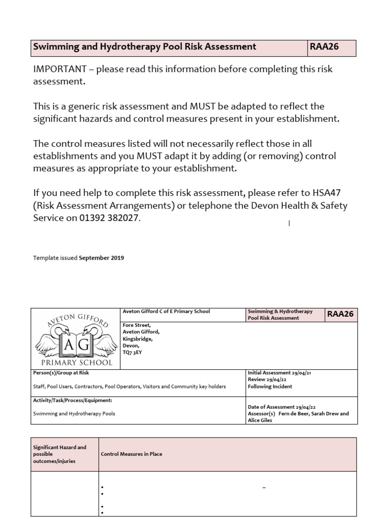 Swimming and Hydrotherapy Pool Risk Assessment | PDF | Personal ...