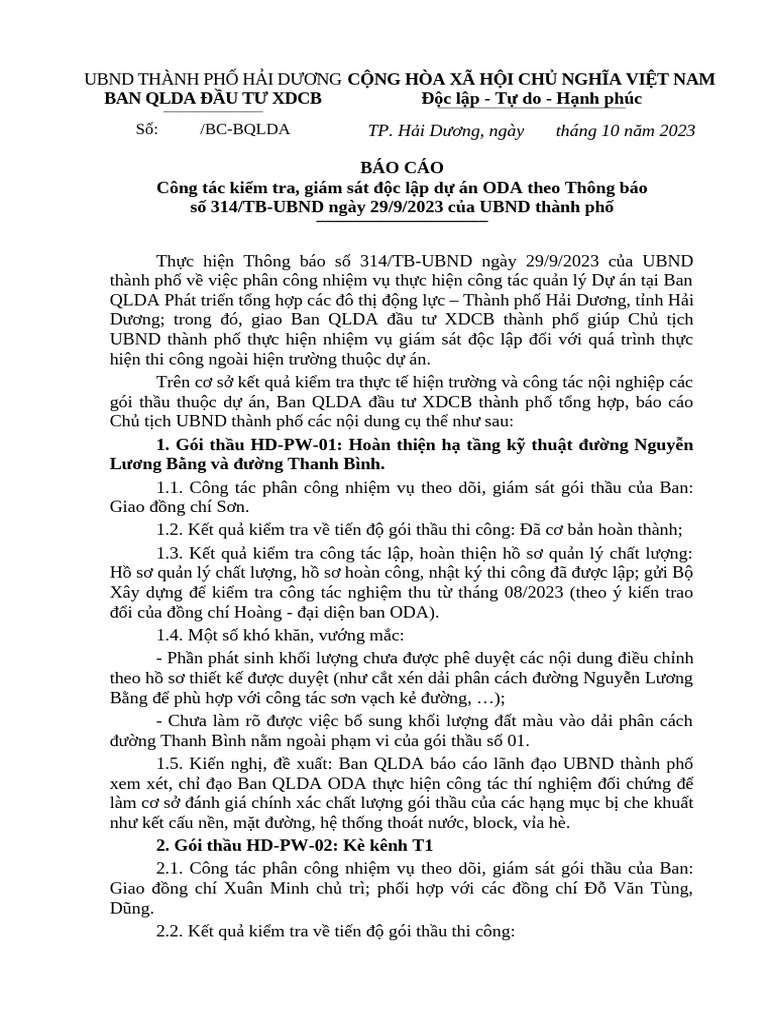 13.10.2023. Báo Cáo Kết Quả Thực Hiện Kiểm Tra Dự Án Oda Theo Tb Số 314 ...