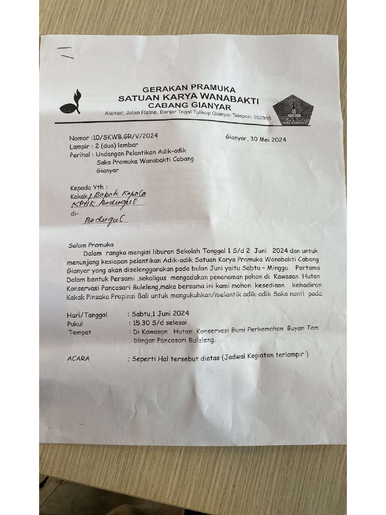 Surat Undangan Pelantikan, Kepada Kepala KPHK | PDF