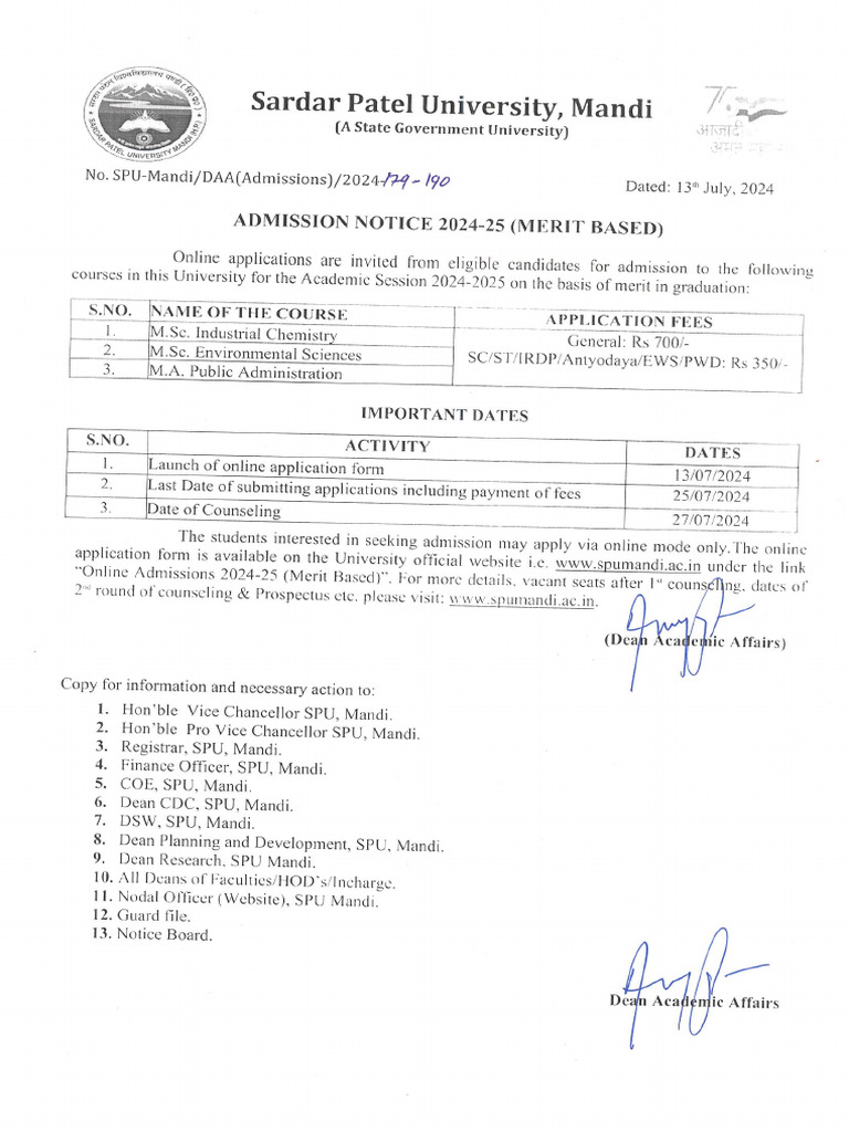 Admission Notice 2024 25 (Merit Based) | PDF