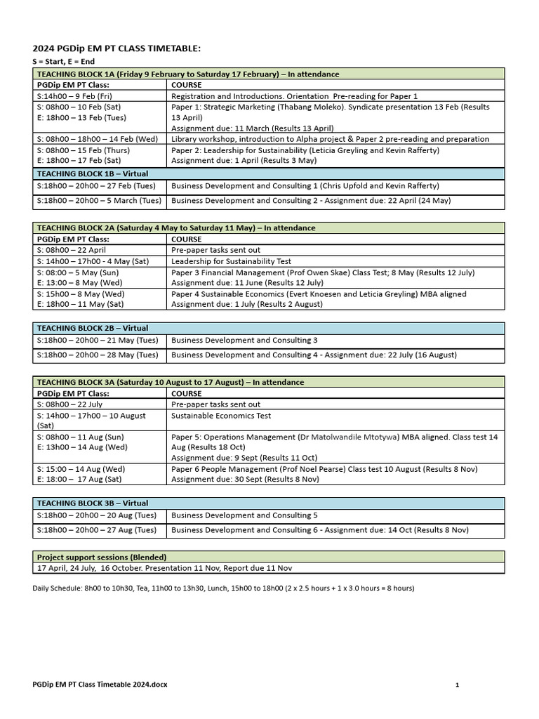 PGDip EM PT Class Timetable 2024 V3 | PDF