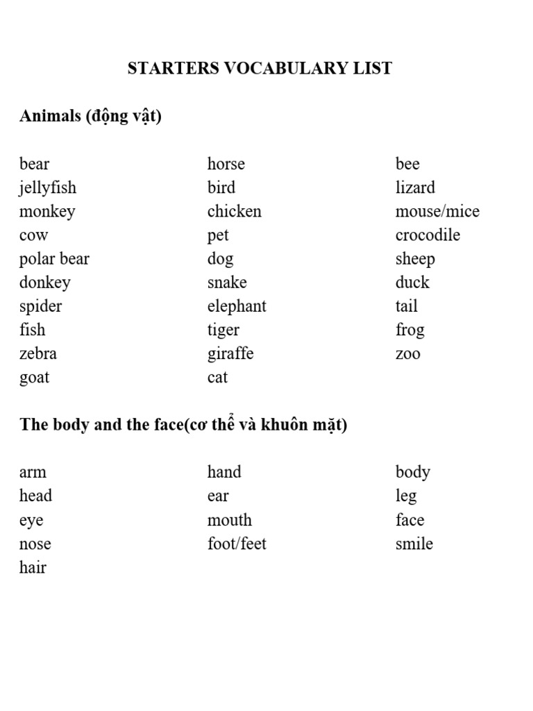 Starters Vocabulary List | PDF