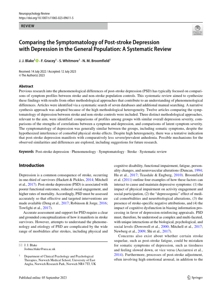 Comparing The Symptomatology of Post Stroke Depression With Depression ...