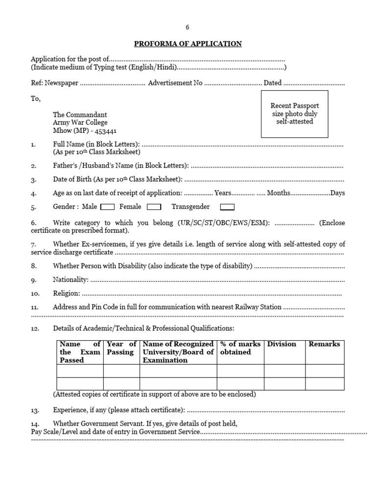 HQ Army War College MHOW, LDC Application Form Education Dude - 2023 | PDF