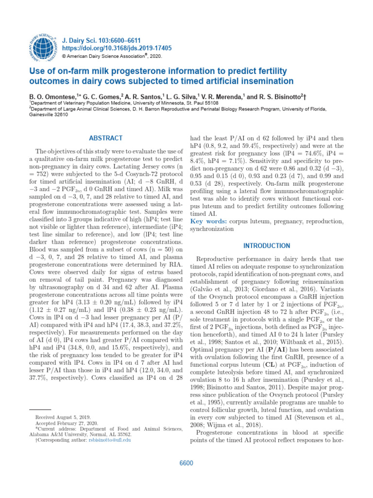 Use of On-Farm Milk Progesterone Information To Predict Fertility Outcomes in Dairy Cows ...