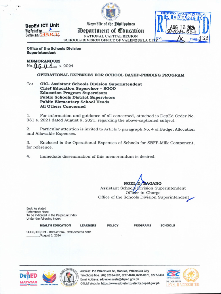 DM 0604 S. 2024 Operational Expenses For School Based Feeding Program | PDF