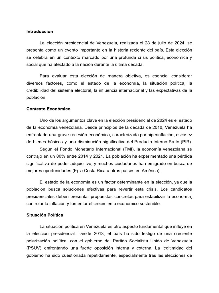 Ensayo Sobre La Elecci n De Venezuela 2024 PDF Venezuela Inflaci n
