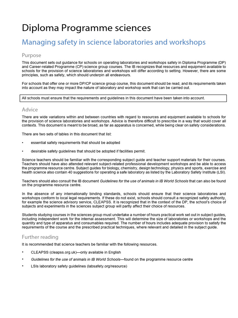IB Guidelines For Practical Labs and Workshop | PDF | Laboratories | Safety