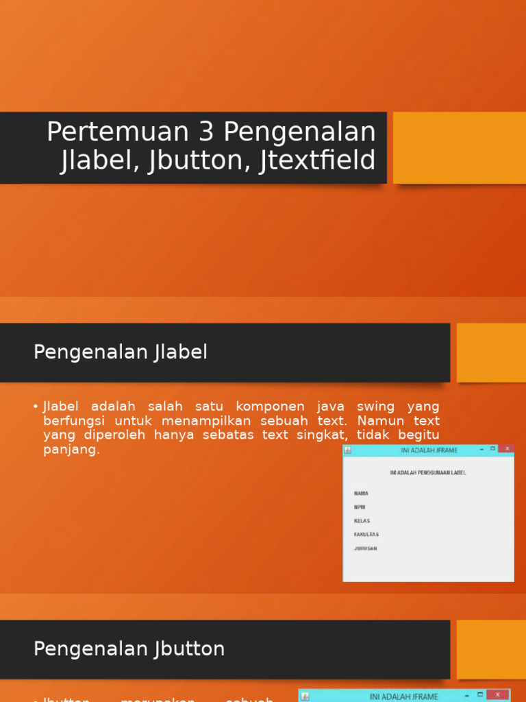 Pertemuan 3 Pengenalan Jlabel, Jbutton, Jtextfield | PDF