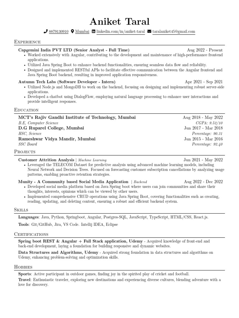 Resume Aniket Taral | PDF | Java (Programming Language) | Machine Learning