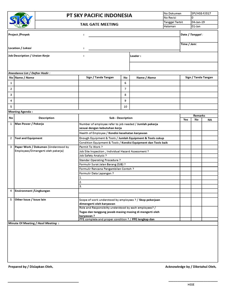 017 - Form Tailgate Meeting 017 | PDF | Safety | Workplace