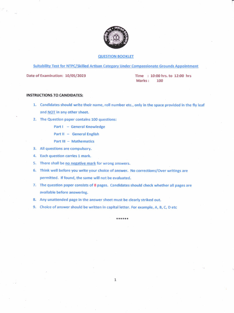 NTPC 2023 Tier 1 Question Paper | PDF