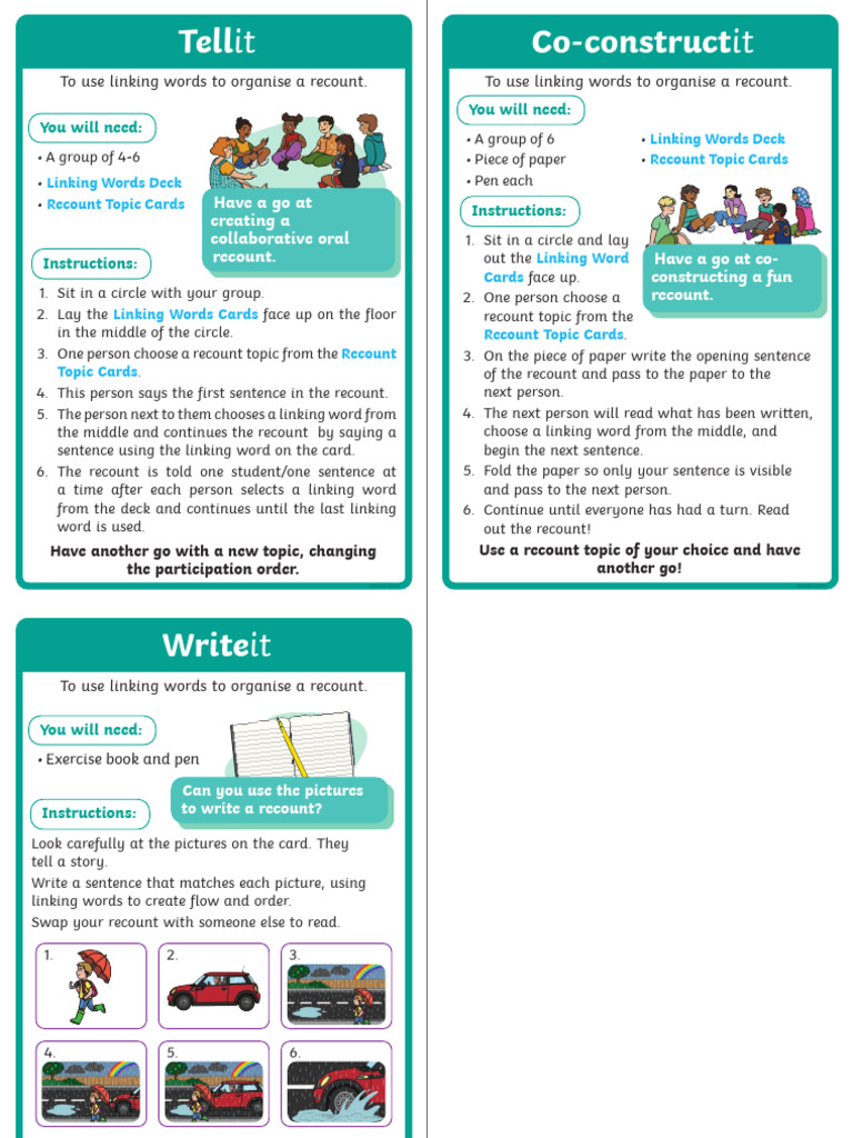 ChallengeIt Cards Recount - Using Linking Words | PDF