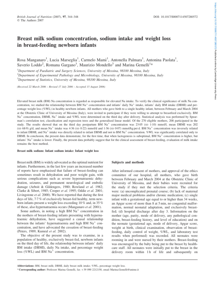 Breast Milk Sodium Concentration Sodium Intake and Weight Loss in ...