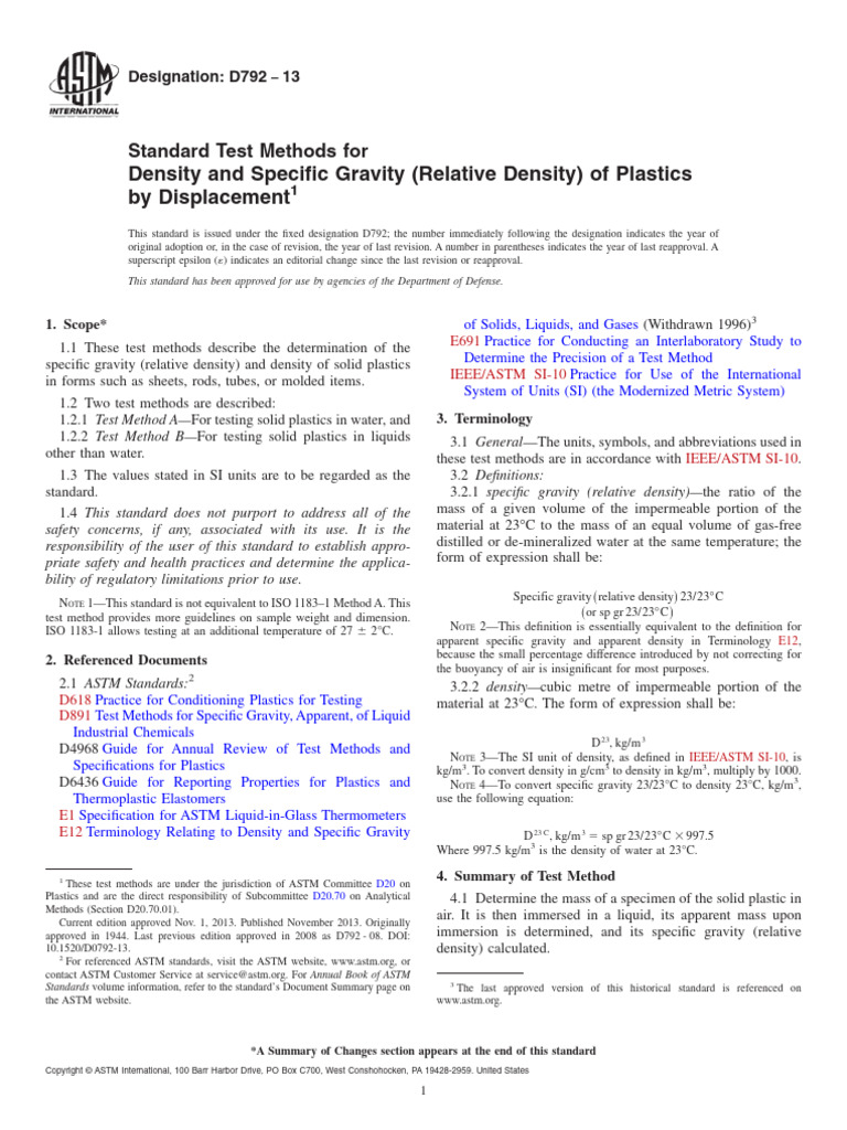 Density and Specific Gravity (Relative Density) of Plastics by ...