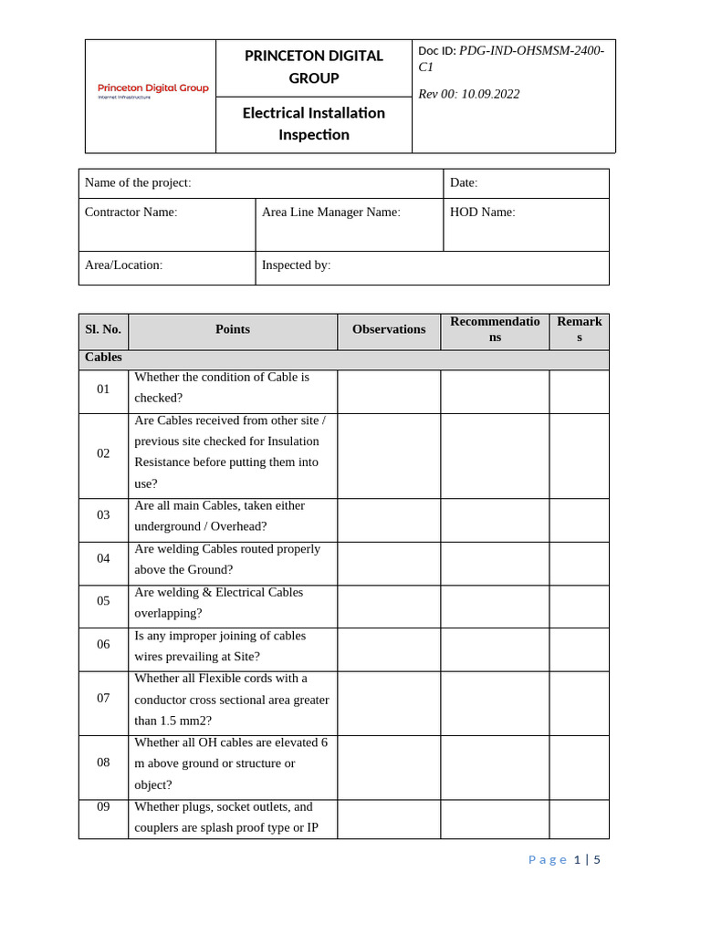 PDG IND OHSMSM 2400 C1 Electrical - Installation - Inspection | PDF ...