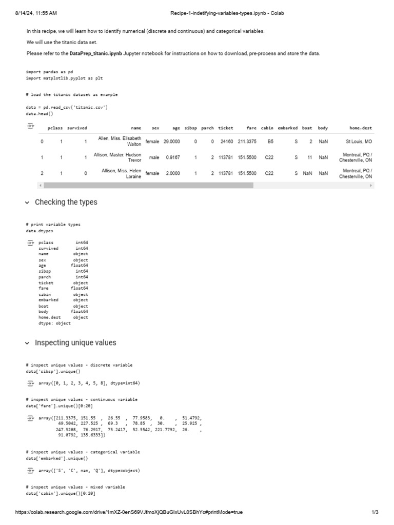 Recipe 1 Indetifying Variables Types Ipynb Colab Pdf Data Computing
