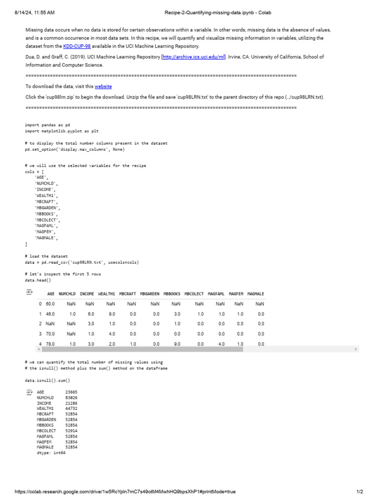 Recipe-2-Quantifying-missing-data - Ipynb - Colab | PDF | Mean | Computing