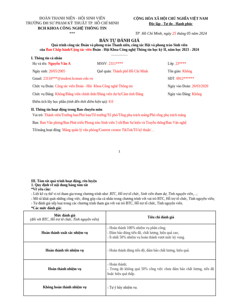 (BCH - CTV - NGUYỄN VĂN A - 231101) TỰ ĐÁNH QUÁ TRÌNH HOẠT ĐỘNG HKII NĂM HỌC 2023 - 2024 | PDF
