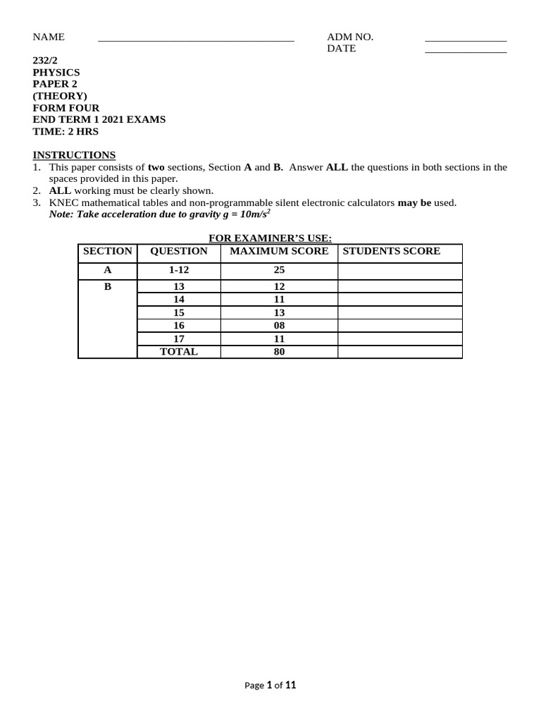 PHYSICS PP2 Form 4 End Term 1 Exam 2021 Teacher - Co .Ke | PDF ... PHYSICS PP2 Form 4 End Term 1 Exam 2021 Teacher - Co .Ke | PDF ...