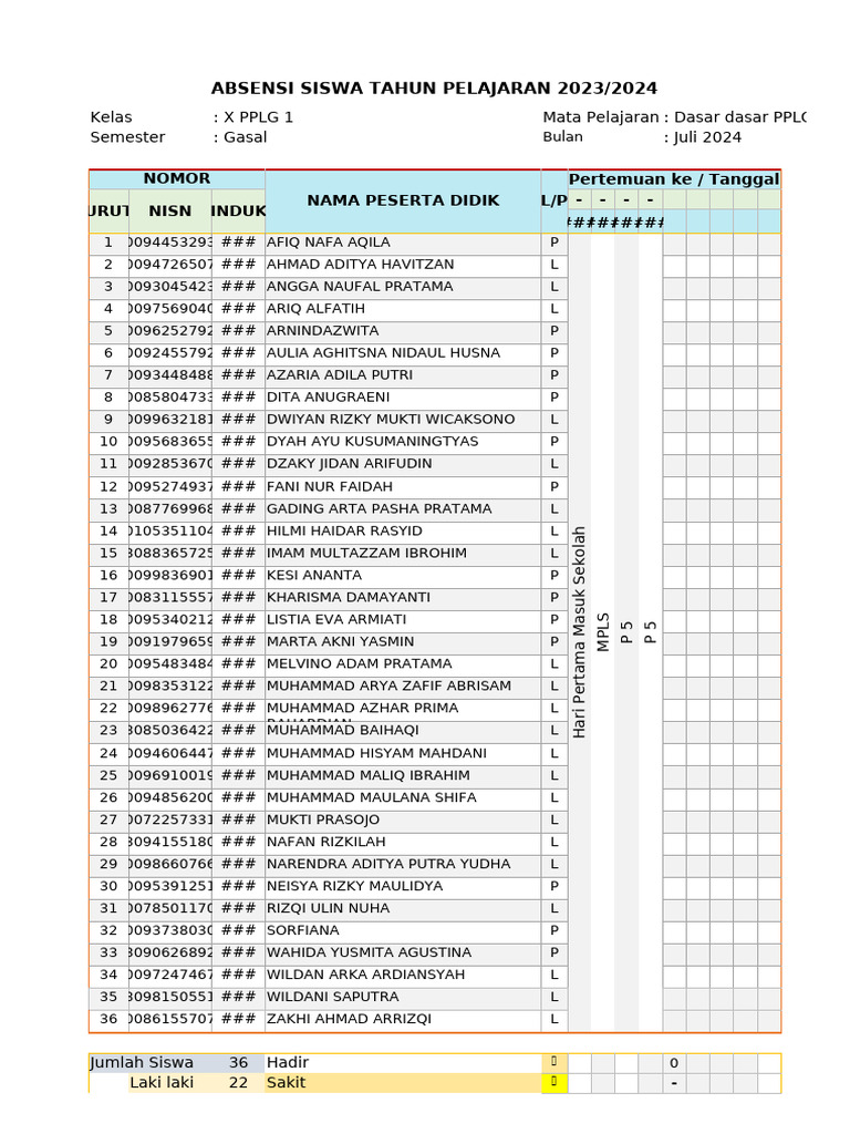 Daftar Hadir Siswa X PPLG 1 TP 2024-2025 | PDF