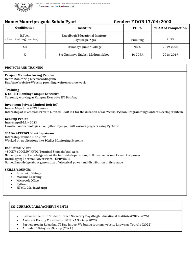 M.Sabda Pyari Btech 3rd Year Resume | PDF | Computing | Engineering