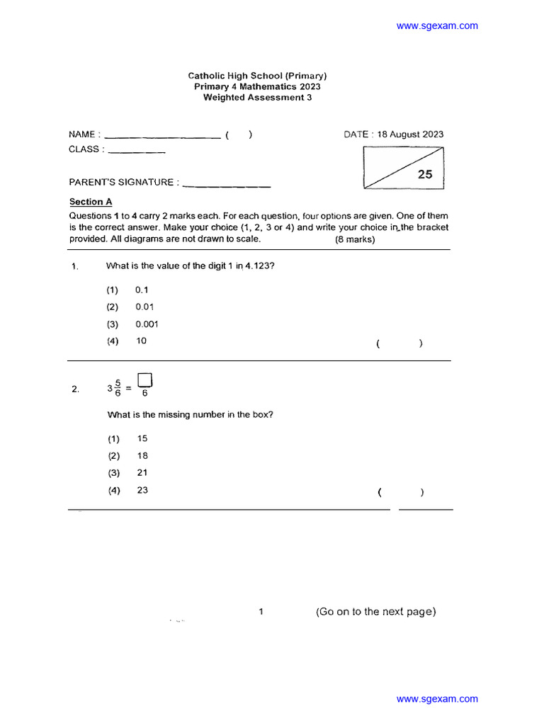 2023 P4 Maths Weighted Assessment 3 Catholic High | PDF | Mathematics