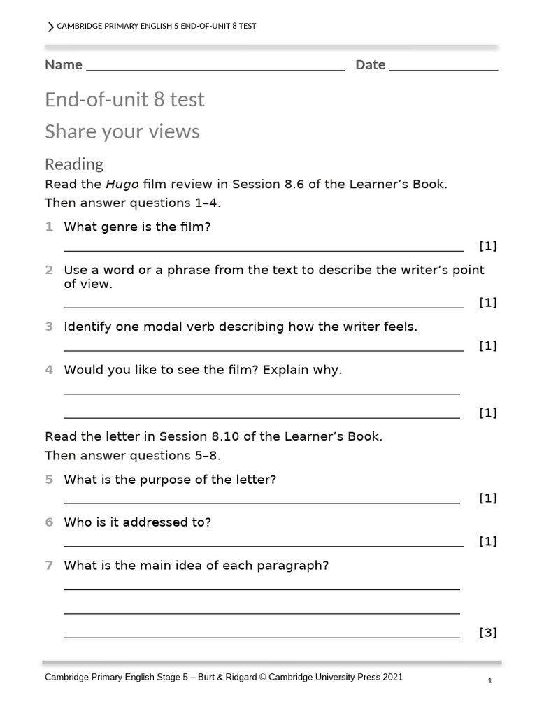 Pri - Eng - 2ed - tr5 - Unit 8 - End - of - Unit - Test | PDF | Human ...