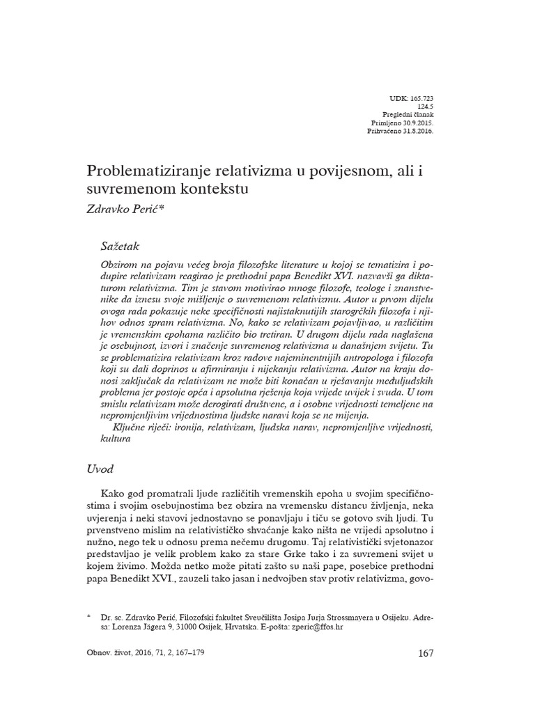 Zdravko Perić-Problematiziranje Relativizma U Povijesnom, Ali I Suvremenom Kontekstu | PDF