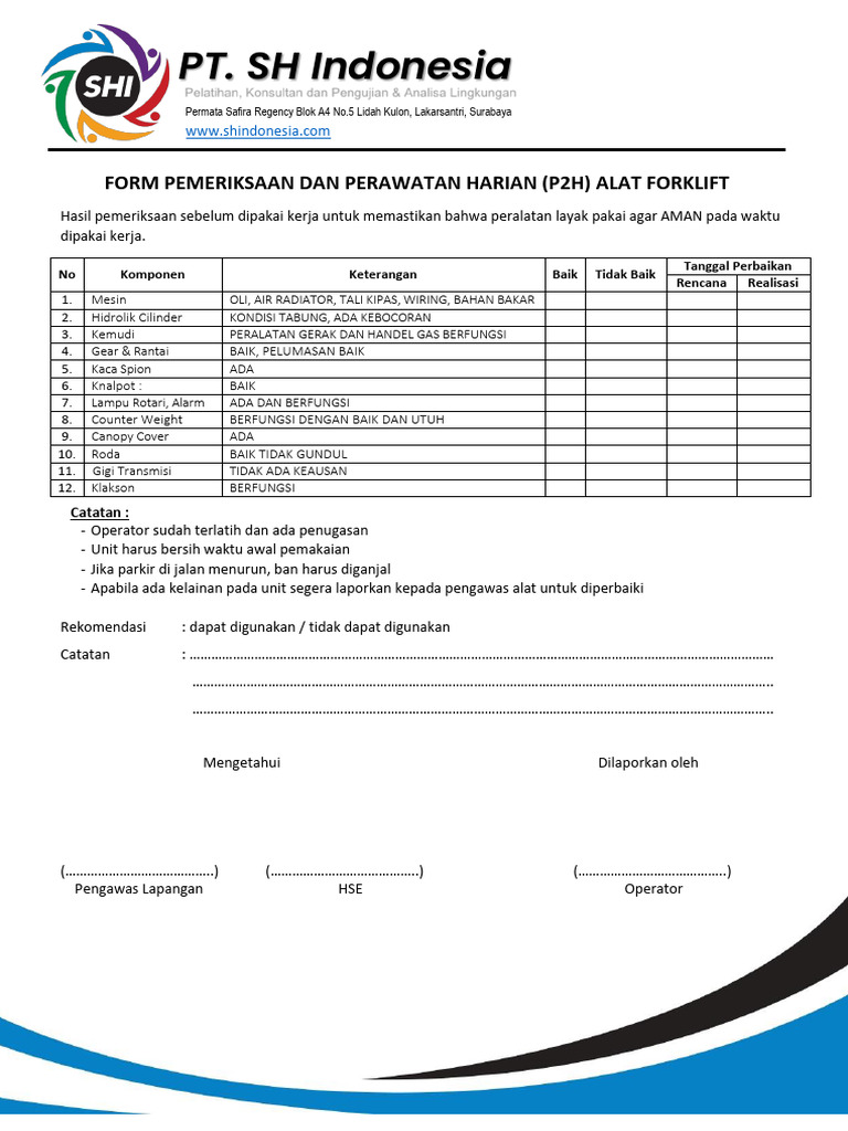 Form P2H Forklift Harian dan Checklist | PDF