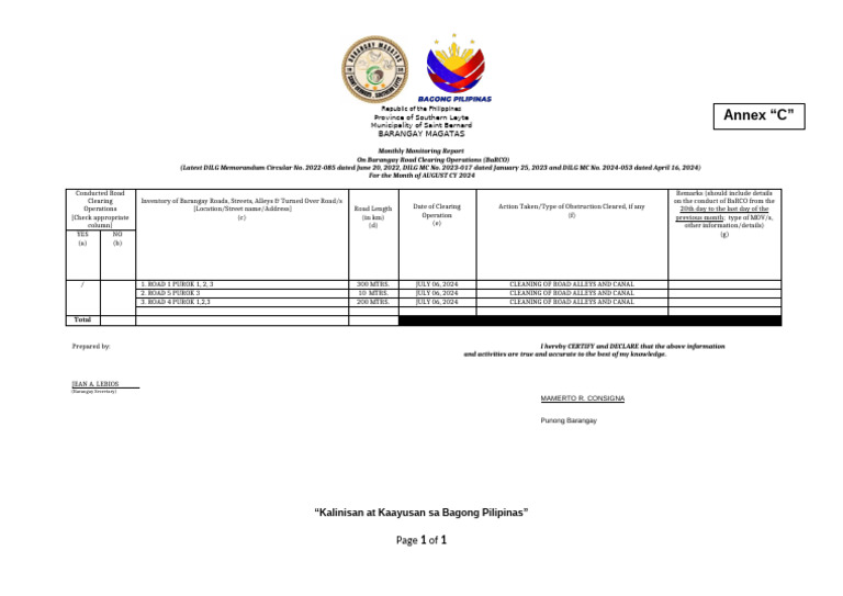 Annex C Barangay BaRCO Monthly Monitoring Report Template With PBs ...