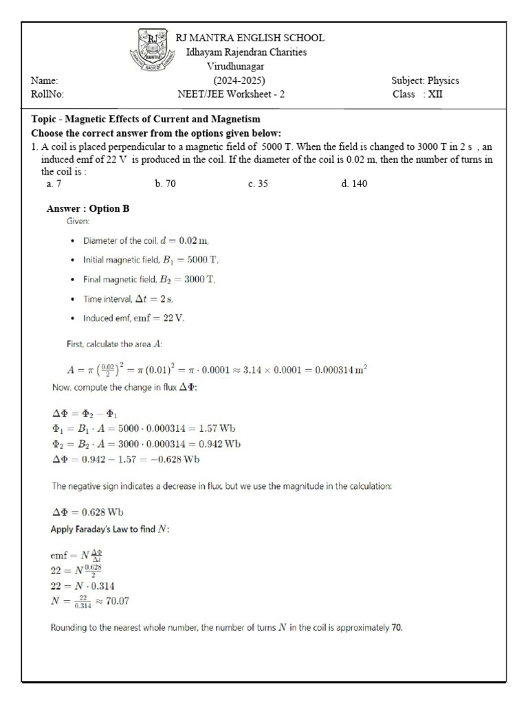 Neet-Jee Worksheet Ii Answer | PDF | Electrodynamics | Condensed Matter Physics