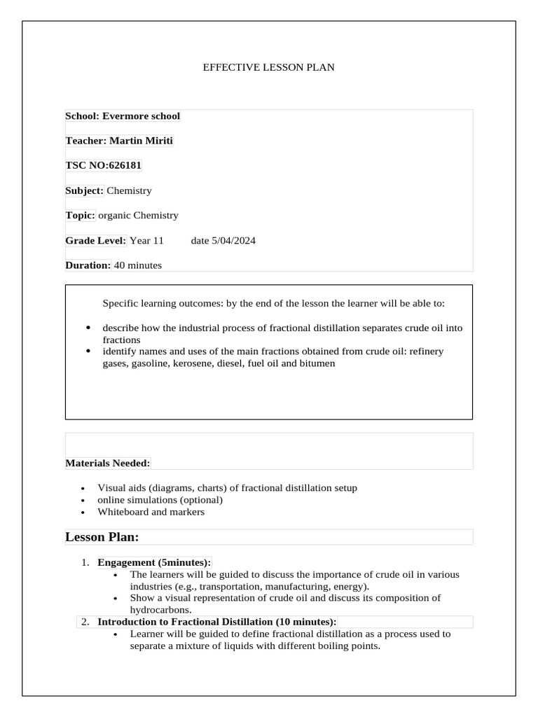 Year 11 Organic Chemistry Lesson Plan | PDF | Distillation | Petroleum