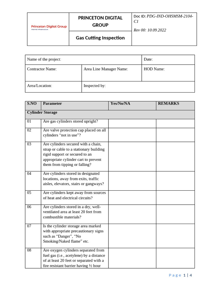 Gas Cutting Inspection Checklist | PDF | Fires | Equipment