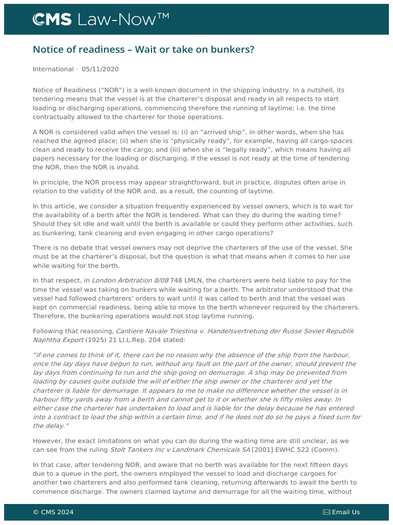 Notice of Readiness Wait or Take On Bunkers | PDF | Ships | Common Law