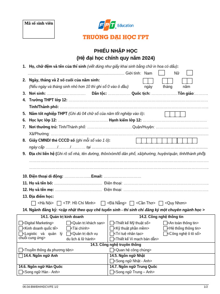 Phieu Nhap Hoc 2024 | PDF