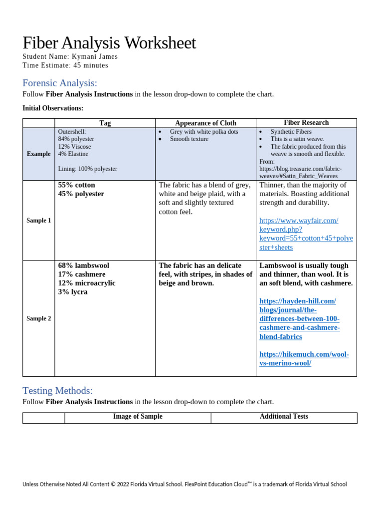 fiber_evidence_worksheet (1) | PDF | Textiles | Ultraviolet
