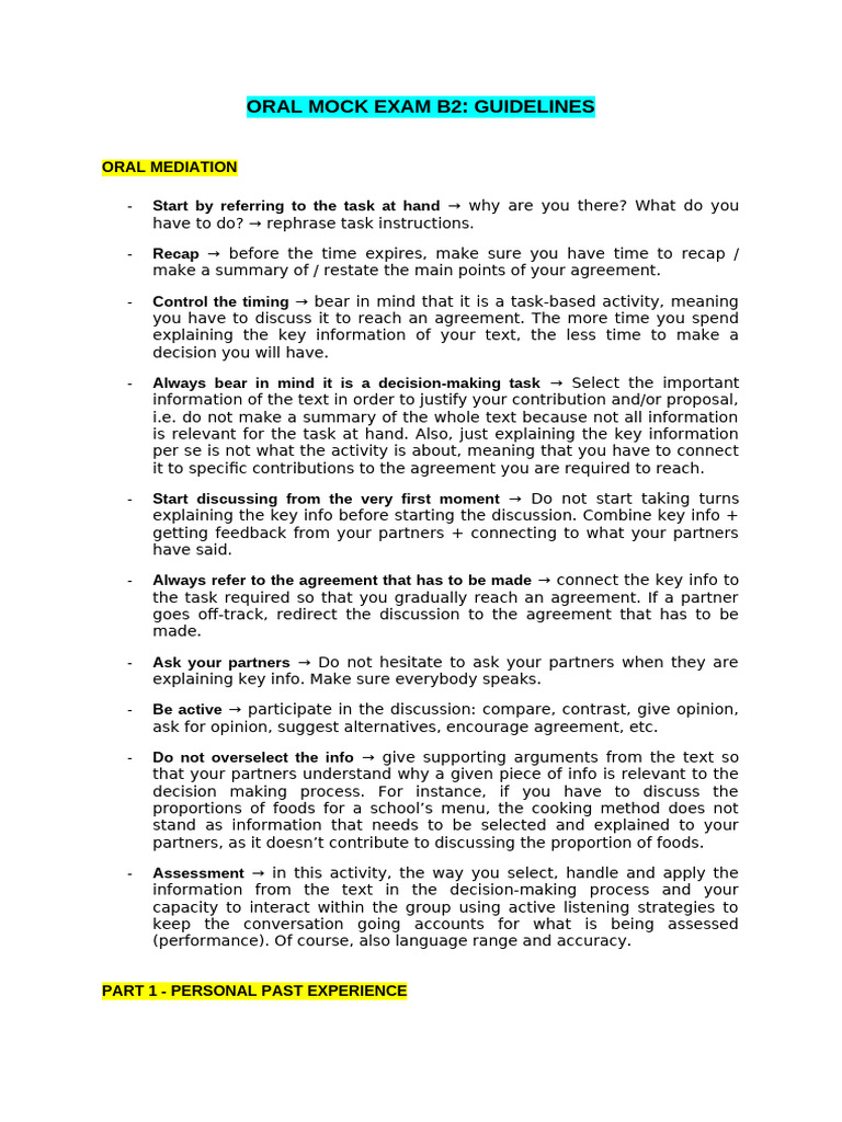 Oral Mock Exam B2 - Guidelines | PDF | Word | Question