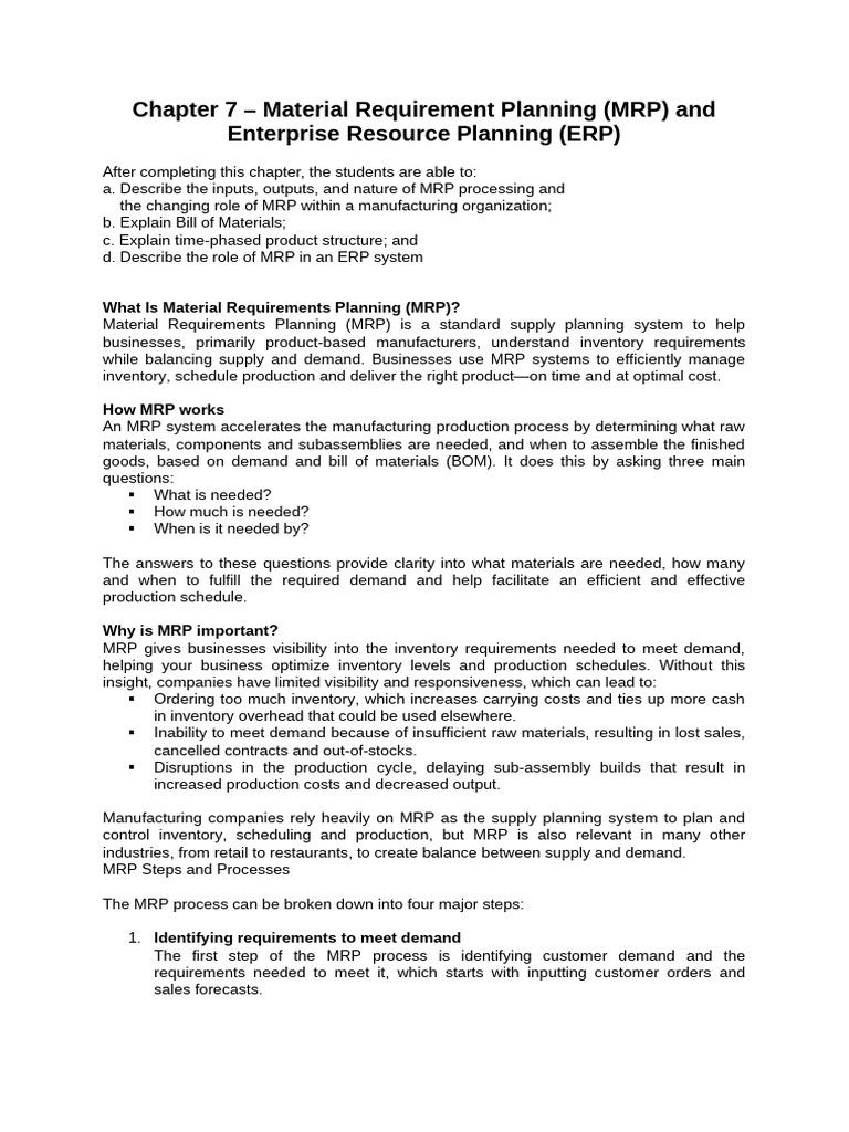 BME1 Module Chapter 7 MRP and ERP 1 | PDF | Enterprise Resource Planning | Inventory