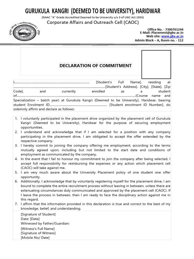 Placement Commitment Declaration Form | PDF | Justice | Crime & Violence