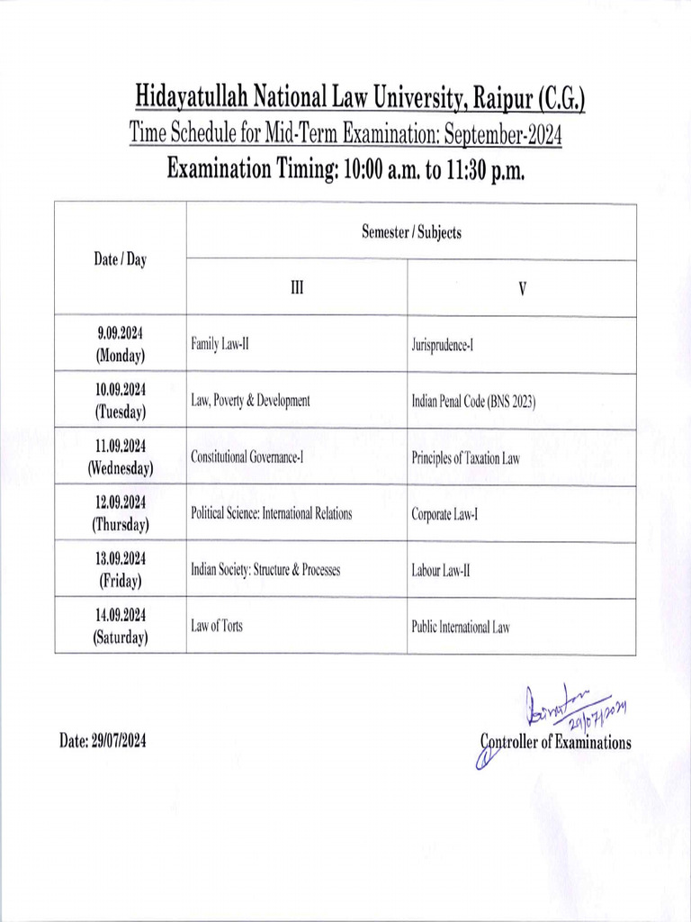 Time Table Mid Term - Sept., 2024 | PDF