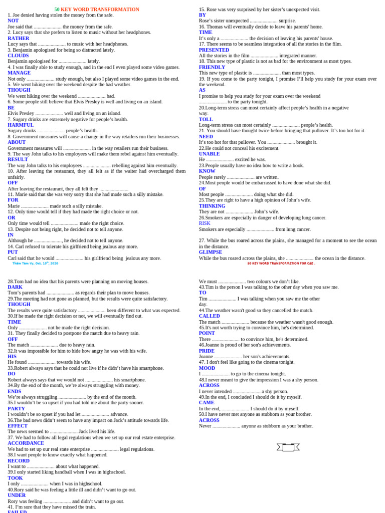 50 Key Word Transformations for CAE | PDF | Games & Activities | Art