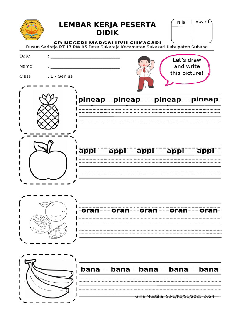 LKPD Fruits Bahasa Inggris Kelas 1 | PDF
