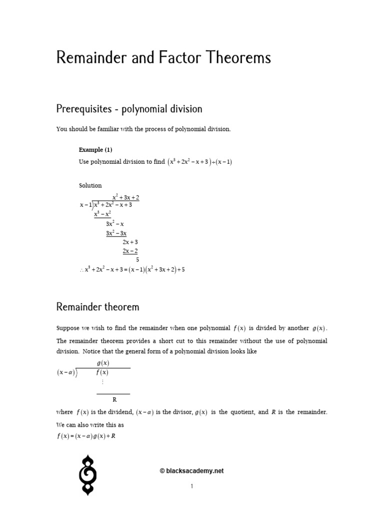 Remainder and Factor Theorems | PDF | Teaching Methods & Materials